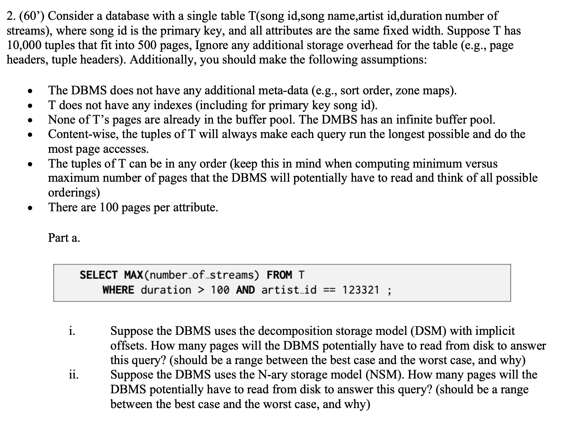 Solved 2. (60') ﻿Consider a database with a single table | Chegg.com