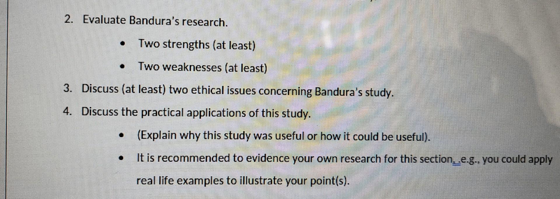 Solved 2. Evaluate Bandura's research. - Two strengths (at | Chegg.com
