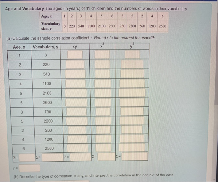 Solved Age and Vocabulary The ages (in years) of 11 children | Chegg.com