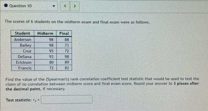 Solved The scores of 6 students on the midterm exam and | Chegg.com