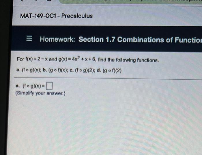 Solved MAT-149-OC1 - Precalculus = Homework: Section 1.7 | Chegg.com