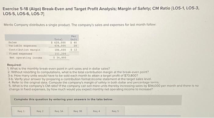 Solved Exercise 5-18 (Algo) Break-Even and Target Profit | Chegg.com
