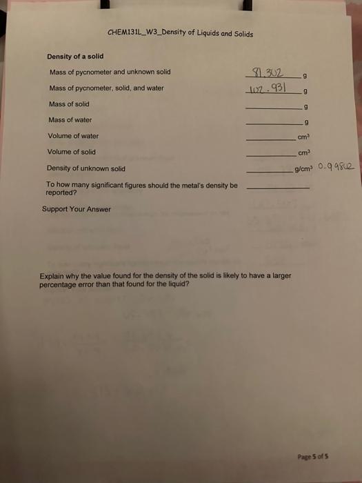 Solved Density of Solids and Liquids Data and Calculations | Chegg.com