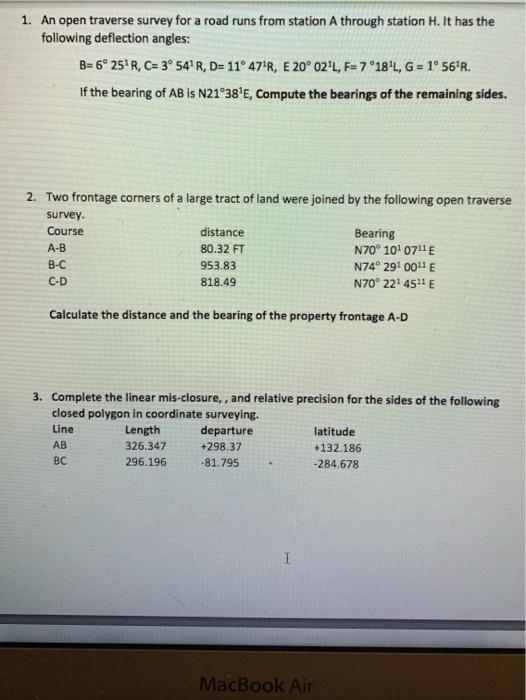 Solved 1. An open traverse survey for a road runs from | Chegg.com