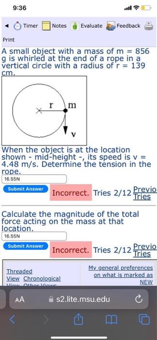 Solved A small object with a mass of m=856 g is whirled at | Chegg.com