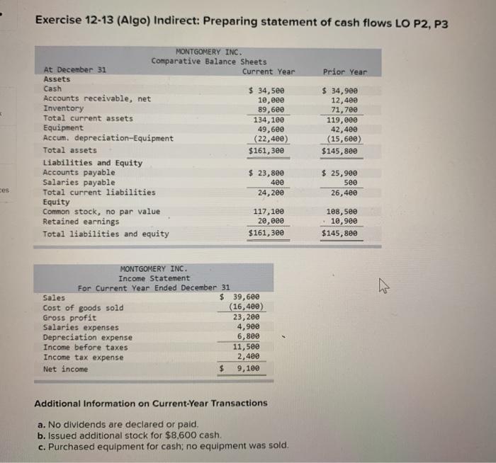 Solved Exercise 12-13 (Algo) Indirect: Preparing statement | Chegg.com