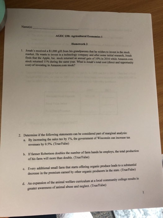 Solved Name(s) AGEC 230: Agricultural Economies 1 Homework 2 | Chegg.com