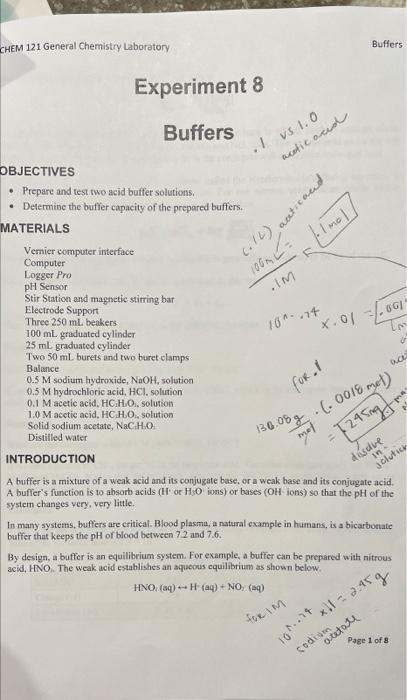 Solved CHEM 121 General Chemistry Laboratory Buffers Name CR | Chegg.com
