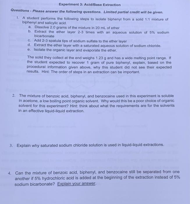 Solved Experiment 3: Acid/Base Extraction Questions - Please | Chegg.com