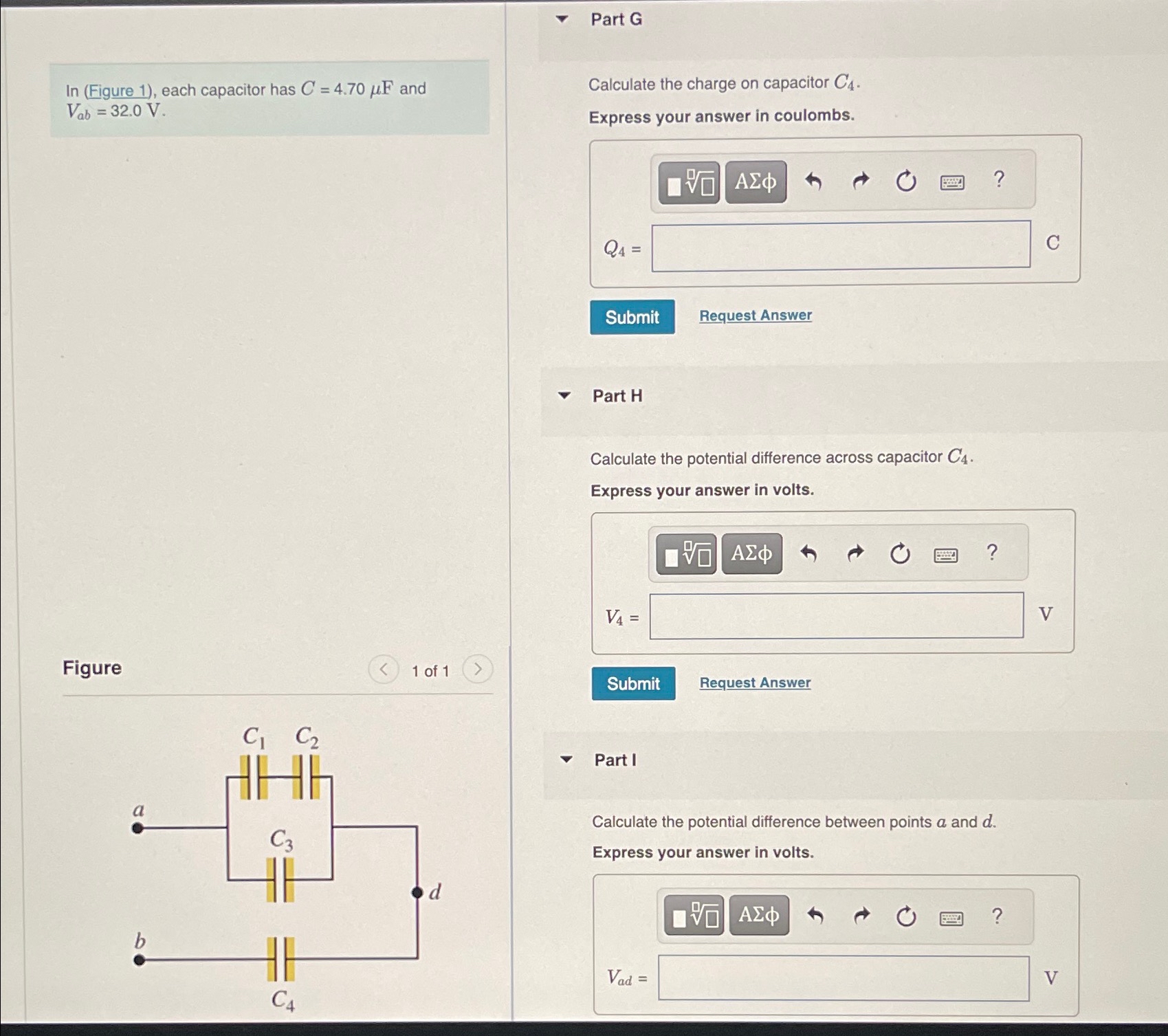 Solved Part GIn (Figure 1), ﻿each capacitor has C=4.70μF | Chegg.com