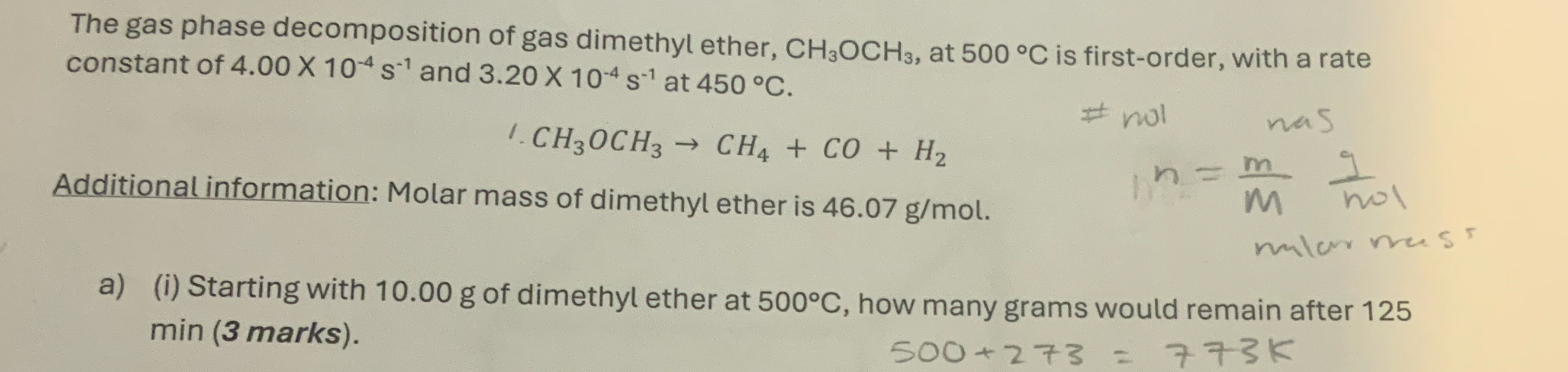 Solved The gas phase decomposition of gas dimethyl ether, | Chegg.com
