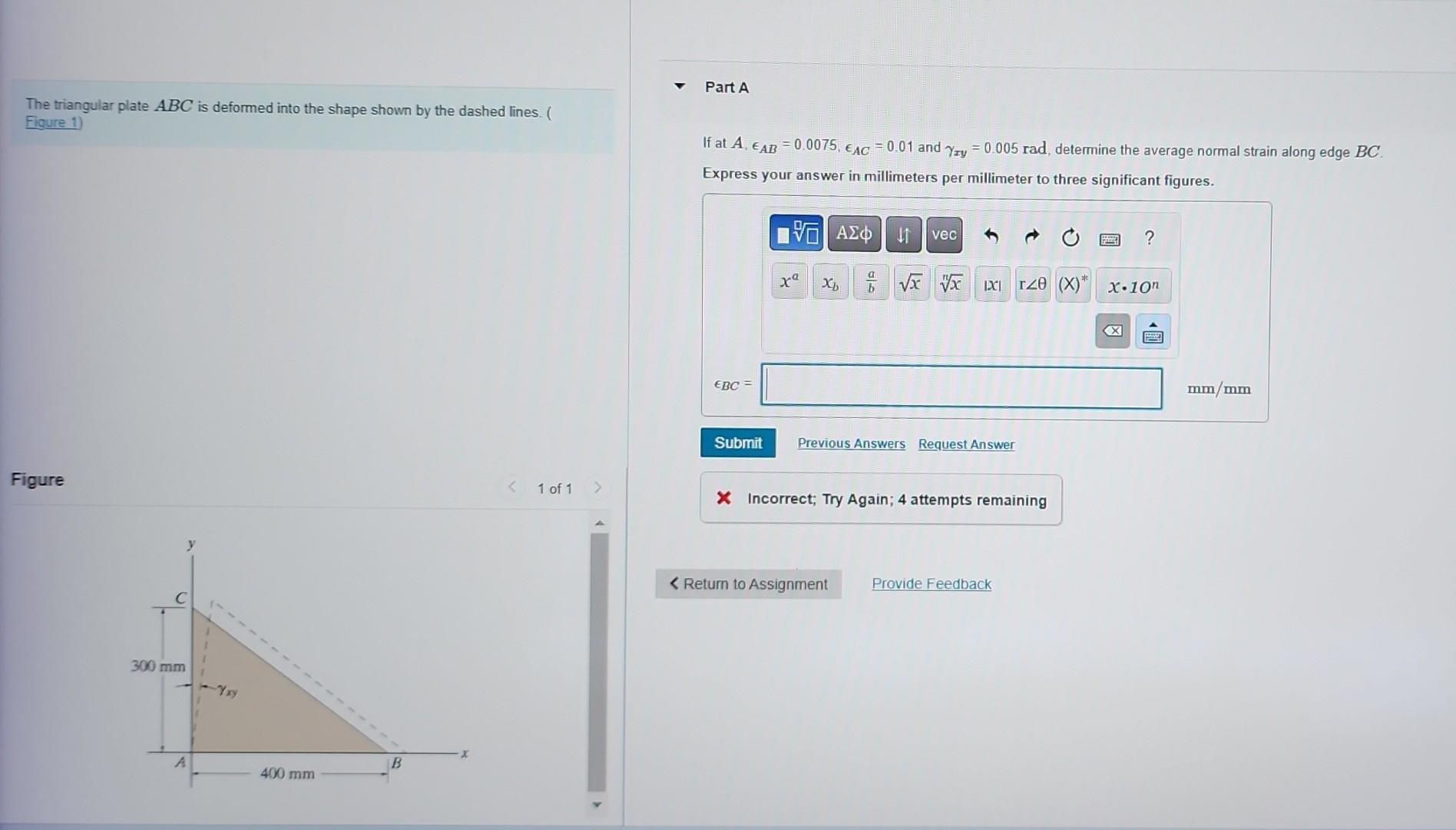 Solved The triangular plate ABC is deformed into the shape | Chegg.com
