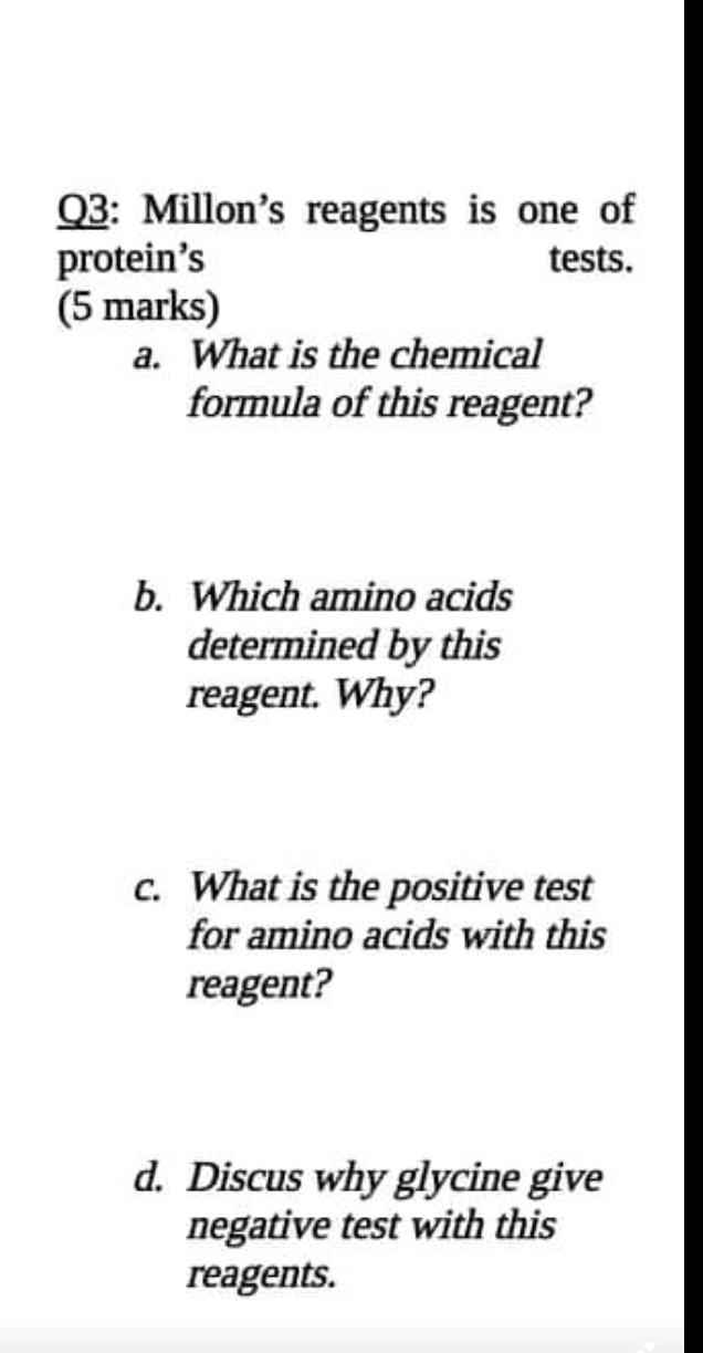Solved Q3: Millon's reagents is one of protein's tests. (5 | Chegg.com