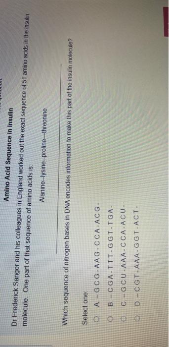 Solved Amino Acid Sequence in Insulin Dr Frederick Sanger | Chegg.com