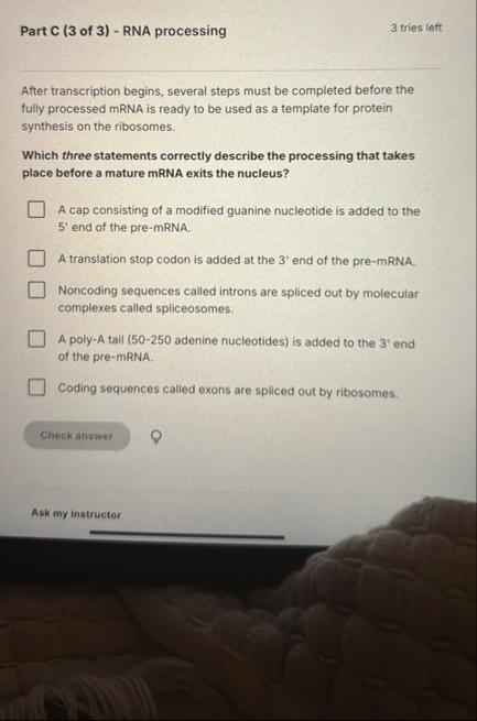 Solved Part C (3 ﻿of 3) - ﻿RNA processing3 ﻿tries leftAfter | Chegg.com