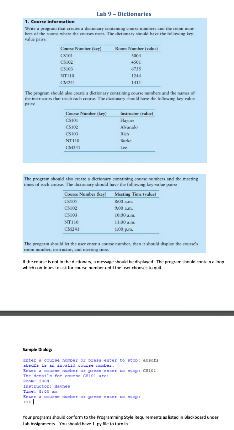 Solved Lab 9 - ﻿DictionariesCourse informationWrite a | Chegg.com
