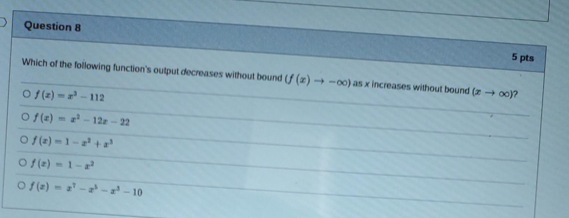 Solved 5 pts Which of the following function's output | Chegg.com
