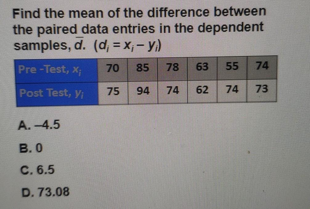 Solved Find the mean of the difference between the paired | Chegg.com