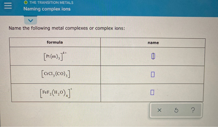 Solved O THE TRANSITION METALS Naming complex ions Name the | Chegg.com