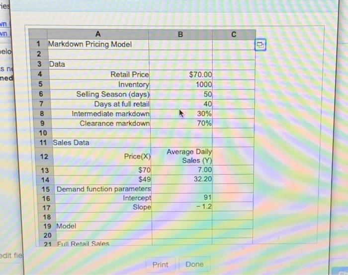 Solved Use the Markdown Pricing Model spreadsheet model and | Chegg.com