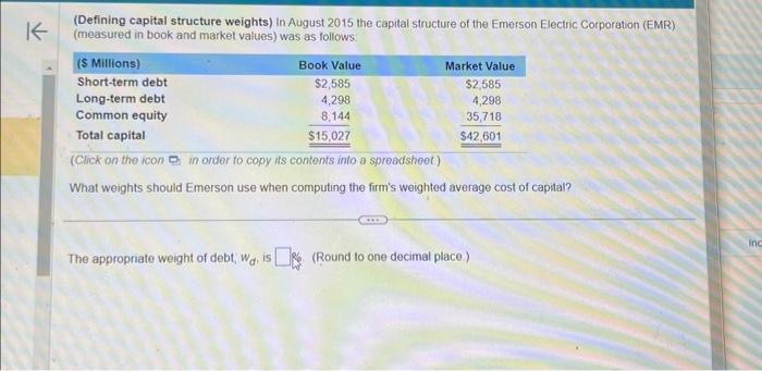 Solved (Defining capital structure weights) In August 2015 | Chegg.com
