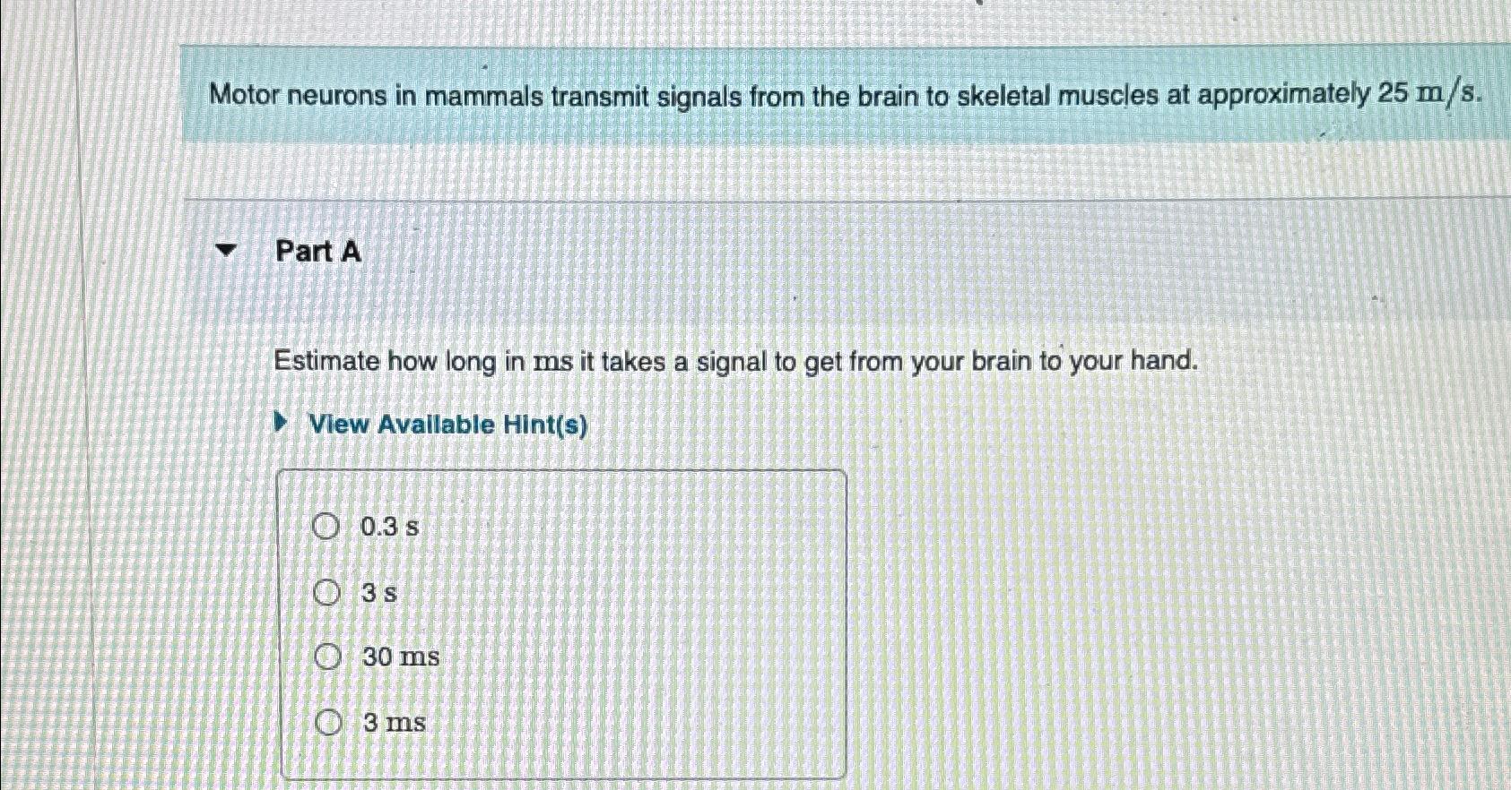 Solved Motor neurons in mammals transmit signals from the | Chegg.com