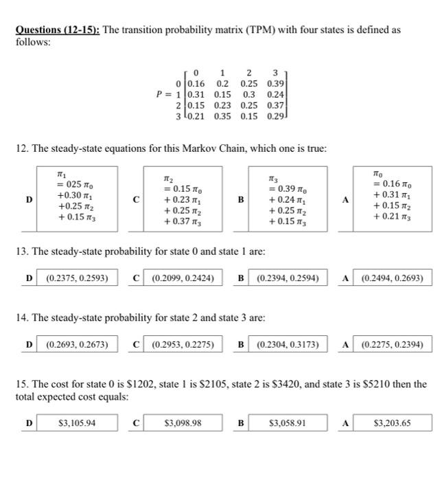 Solved Questions (12-15): The transition probability matrix | Chegg.com