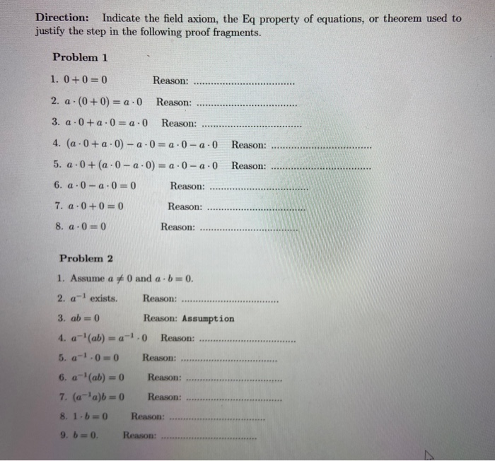 Solved Direction: Indicate the field axiom, the Eq property | Chegg.com