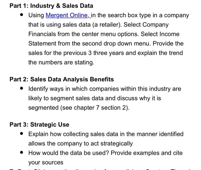 Solved Part 1: Industry \& Sales Data - Using Mergent | Chegg.com