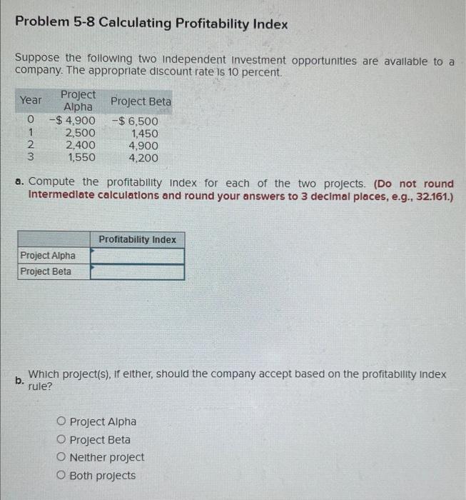 Solved Problem 5-8 Calculating Profitability Index Suppose | Chegg.com