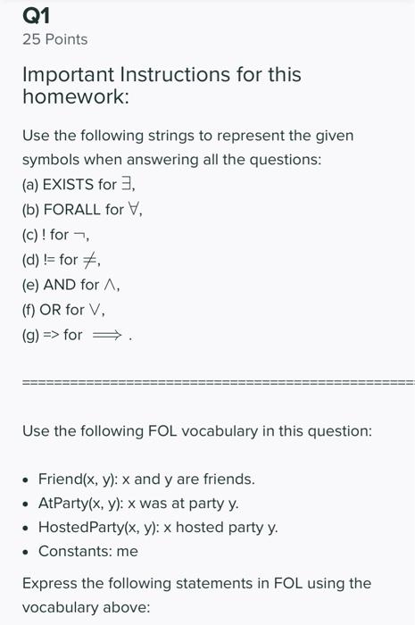 Solved Use the following FOL vocabulary (same as Q1) in this | Chegg.com