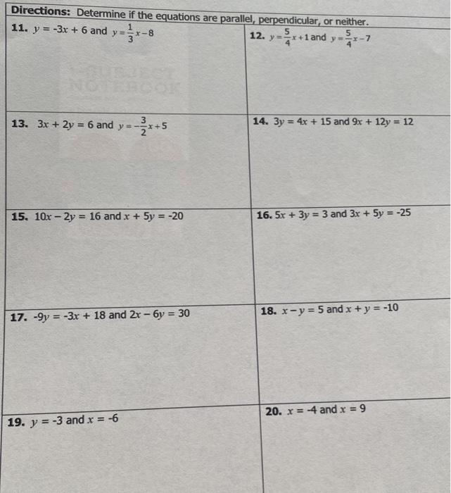 Solved Directions: Determine if the equations are parallel, | Chegg.com