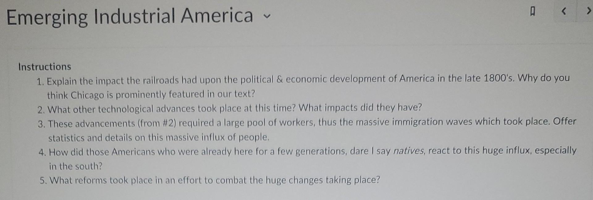 Emerging Industrial America Instructions 1. Explain | Chegg.com