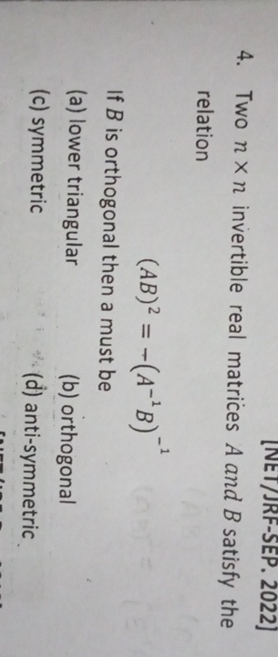 Solved Two n×n ﻿invertible real matrices A and B ﻿satisfy | Chegg.com