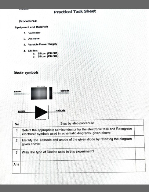 Solved Practical Task Sheet Procedures: Equipment and | Chegg.com