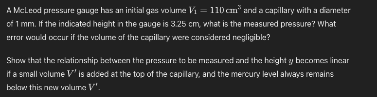 Solved A McLeod pressure gauge has an initial gas volume | Chegg.com