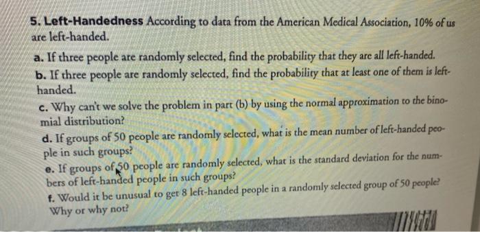 Solved 5. Left-Handedness According to data from the | Chegg.com