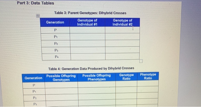 Part 3: Data Tables Table 3: Parent Genotypes: | Chegg.com