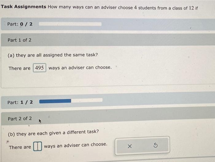 Solved Task Assignments How many ways can an adviser choose | Chegg.com