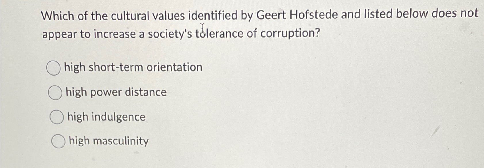 Solved Which of the cultural values identified by Geert | Chegg.com