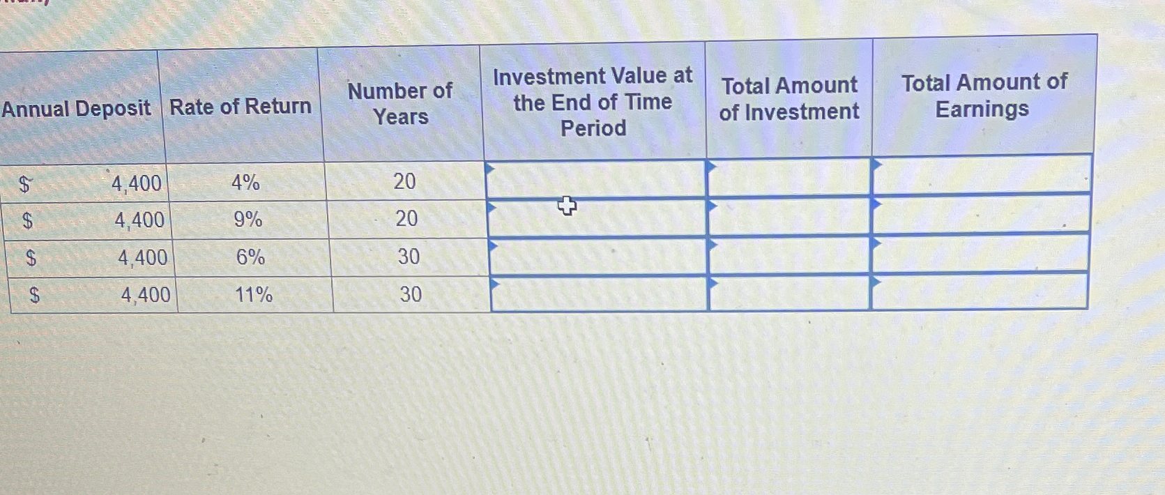 Solved \table[[Annual Deposit,Rate of Return,\table[[Number | Chegg.com