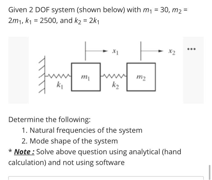 Solved Given 2 DOF system (shown below) with m1 = 30, m2 = | Chegg.com