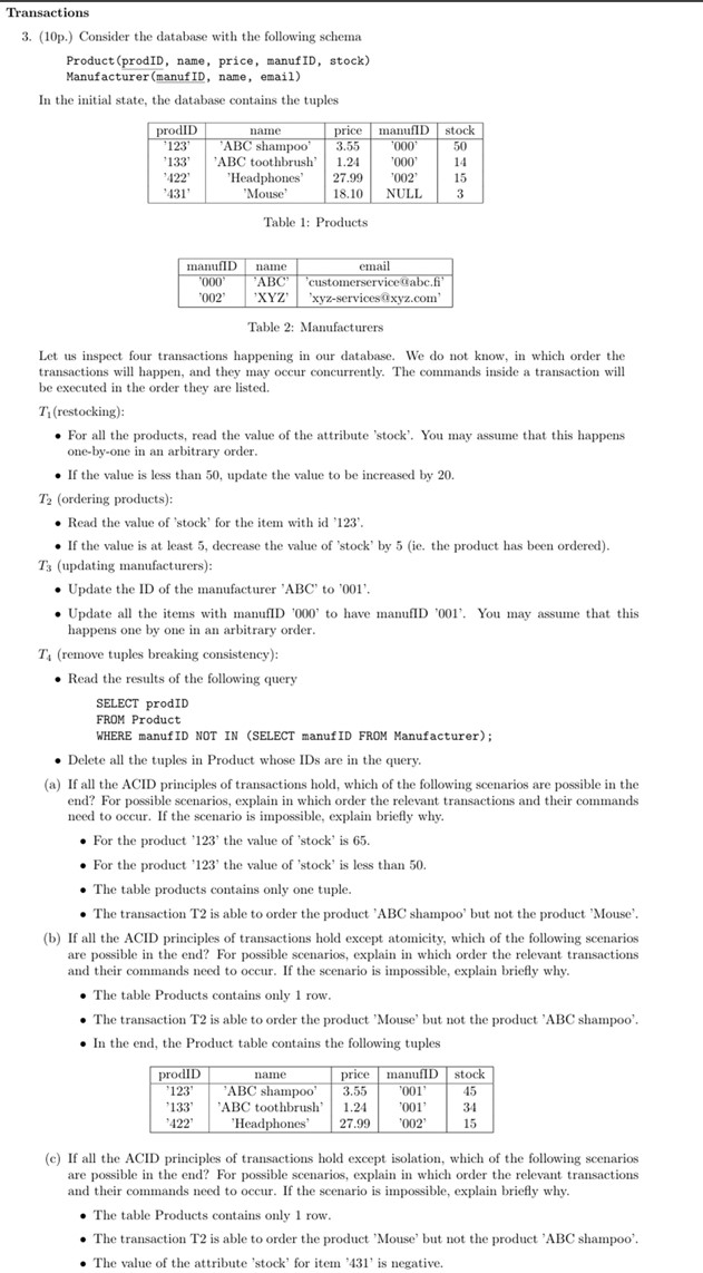 Solved # Transactions Transactions(10p.) ﻿Consider the | Chegg.com