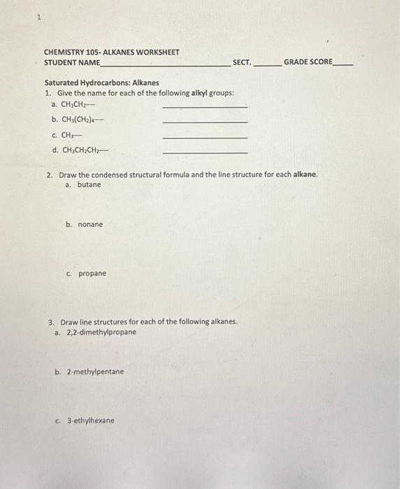 Solved CHEMISTRY 105-ALKANES WORKSHEET STUDENT NAME SECT. | Chegg.com