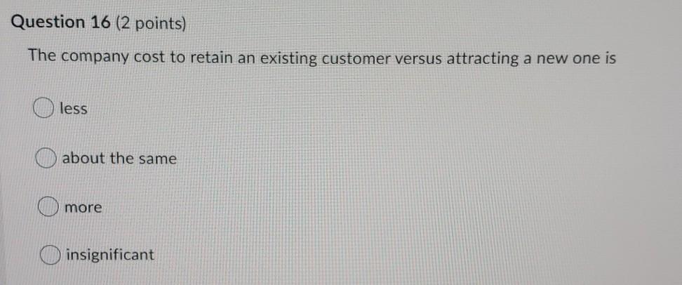 Solved Question 16 (2 points) The company cost to retain an | Chegg.com
