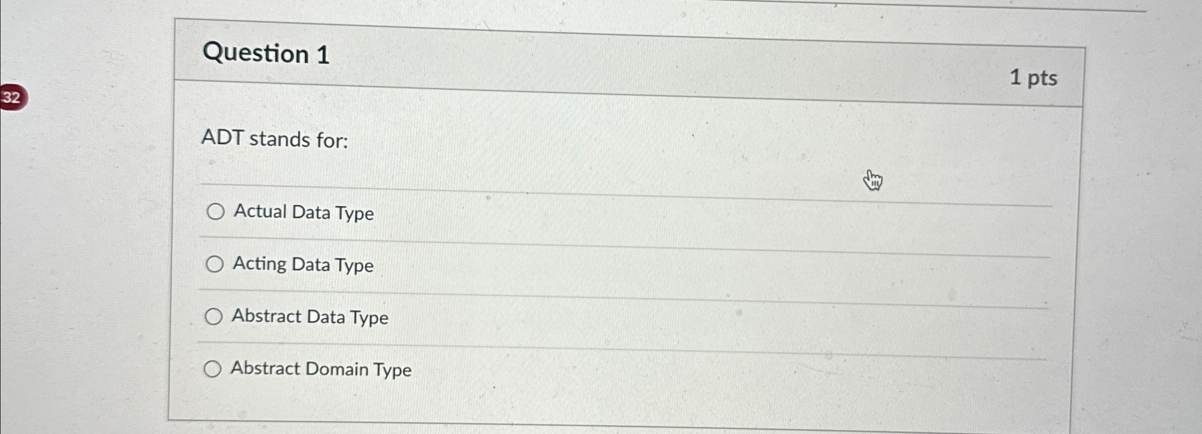 Solved Question 11ptsADT stands for:Actual Data TypeActing | Chegg.com