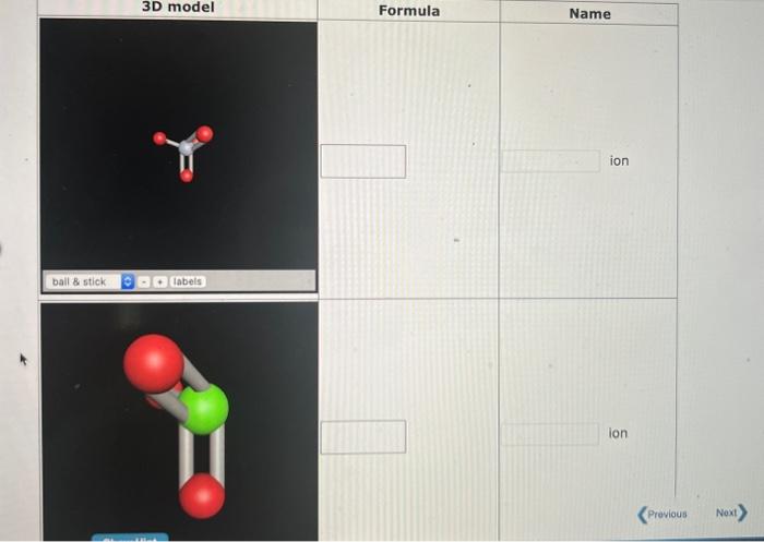 Solved Formula Name ion ion ball \& stick \& - + labels ion | Chegg.com