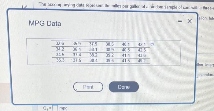 Solved The accompanying data represent the miles per gallon | Chegg.com