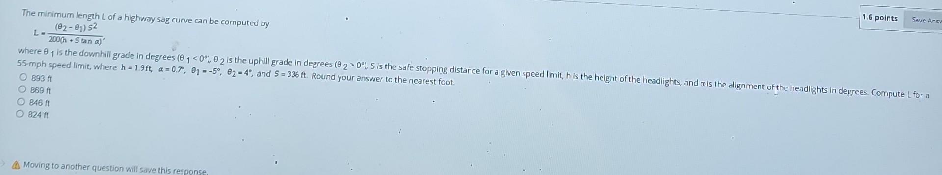 Solved The minimum length L of a highway sag curve can be | Chegg.com