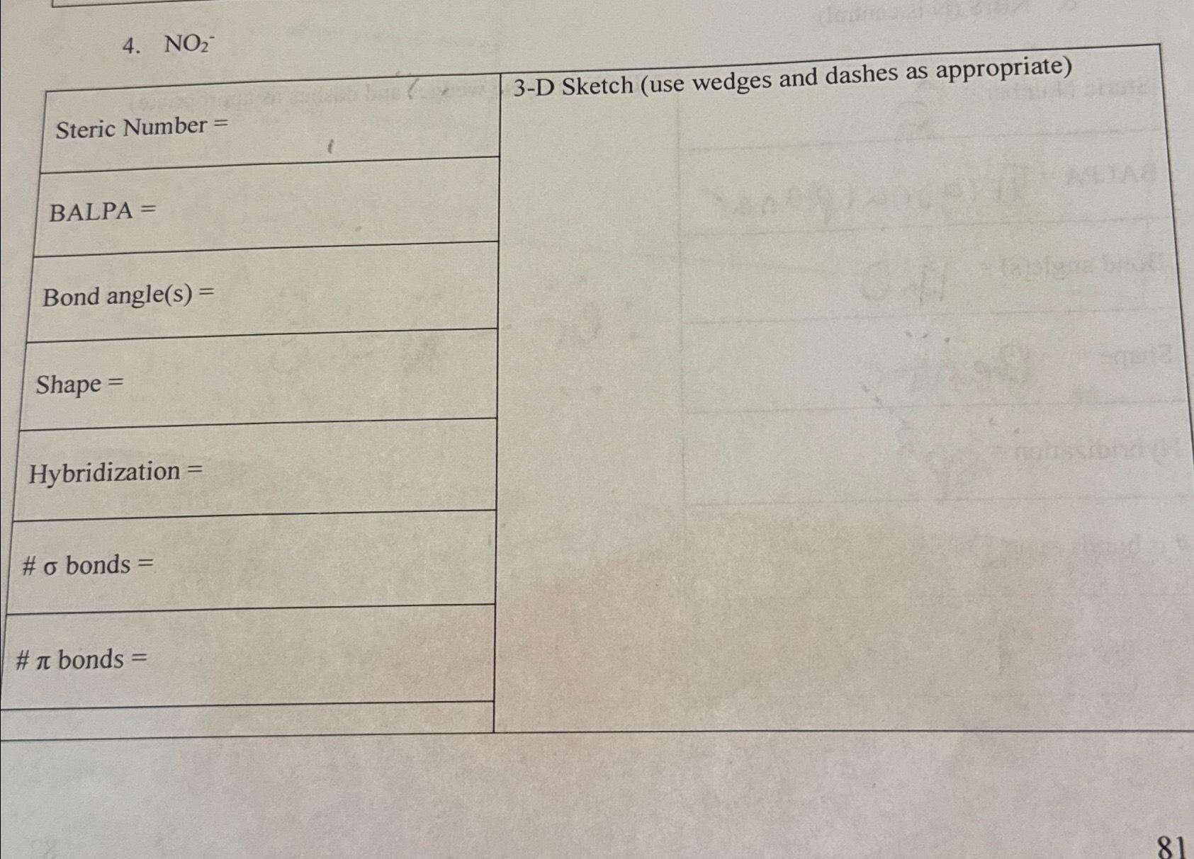 Solved NO2-\table[[Steric Number =,],[BALPA =,],[Bond | Chegg.com